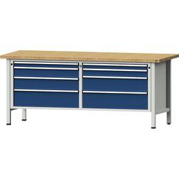 ANKE Werkbank mit XL/XXL-Schubladen, Gestellbauweise, Breite 2000 mm, 8 Schubladen, Buchemassivplatte, Front enzianblau