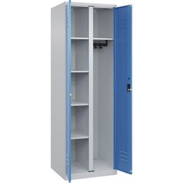 C+P Putzmittelspind Classic PLUS, 1 Abteil, Trennwand mittig, lichtgrau / lichtblau, B 600 mm, mit Bodengleitern, Zylinderschloss