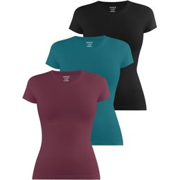 Janice 3 x Damen T-Shirt hochgeschlossen Nice in Burgund/Petrol/Schwarz | Gr.: XS/S