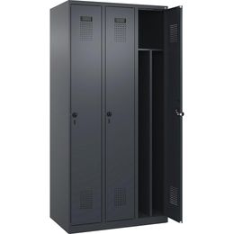 Schwarz-Weiß-Spind Evolo PLUS, schmal, 3 Abteile, Trennwand verkürzt, grau, B 900 mm, mit Bodengleitern, Sicherheits-Drehriegel kaiserkraft