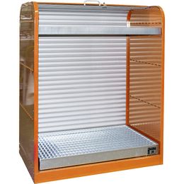 eurokraft pro Stahl-Gefahrstoffdepot mit Rollladen, f&uuml;r 6 x 60-l-F&auml;sser, 1 Wannenboden, orange