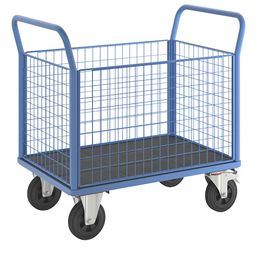 eurokraft pro Plattformwagen, 4 hohe Gitterwände, LxB 1050 x 700 mm, Vollgummireifen