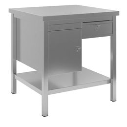 eurokraft basic Edelstahl-Arbeitstisch, 1 Unterbauschrank, 1 Schublade, 1 Fachboden voll, Breite 800 mm