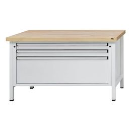 ANKE Werkbank mit XL/XXL-Schubladen, Gestellbauweise, Breite 1500 mm, 3 Schubladen, Buchemassivplatte, Front lichtgrau