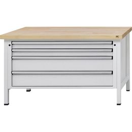 ANKE Werkbank mit XL/XXL-Schubladen, Gestellbauweise, Breite 1500 mm, 4 Schubladen, Buchemassivplatte, Front lichtgrau