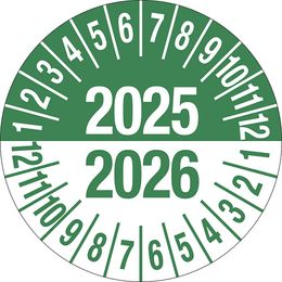 Prüfplakette, Mehrjahreszahlen, grün, Dokumentenfolie, Ø 35 mm, VE 10 Stk, 2025/2026 kaiserkraft
