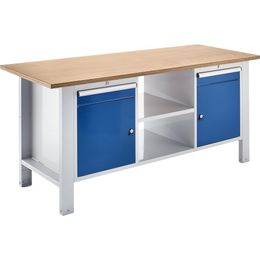 eurokraft basic Werkbank, Baukastensystem, Plattenbreite 1850 mm, 2 Schubladen, 2 Türen, Multiplexplatte