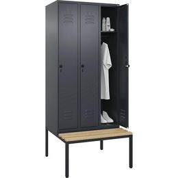 C+P Spind Classic PLUS Sitzbank, 3 Abteile, grau, B 900 mm, Sicherheits-Drehriegel, untergebaut, Buche-Hartholz