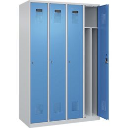 Schwarz-Weiß-Spind Evolo PLUS, schmal, 4 Abteile, Trennwand verkürzt, lichtgrau / lichtblau, B 1200 mm, mit Bodengleitern, Zylinderschloss kaiserkraft