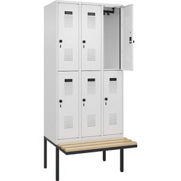Doppelstock-Spind Evolo PLUS Sitzbank, 3 Abteile, weiß, B 900 mm, Sicherheits-Drehriegel, mit auskragender Sitzbank, Buche kaiserkraft
