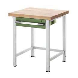 eurokraft pro Höhenverstellbare Werkbank, Gestellbauweise, 1 Schublade, Breite 750 mm, lichtgrau / grün