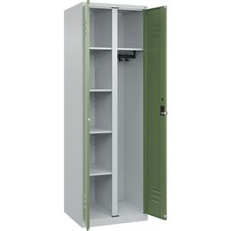 C+P Putzmittelspind Classic PLUS, 1 Abteil, Trennwand mittig, lichtgrau / resedagrün, B 600 mm, mit Bodengleitern, Drehriegel