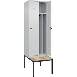 C+P Schwarz-Weiß-Spind Classic PLUS Sitzbank, schmal, 2 Abteile, Trennwand verkürzt, lichtgrau, B 600 mm, Sicherheits-Drehriegel, untergebaut, Buche-Hartholz