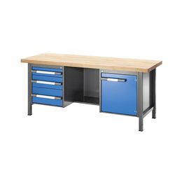 eurokraft pro Höhenverstellbare Werkbank, Gestellbauweise, 3 Schubladen, 1 Tür, 1 Ablageboden, Breite 2000 mm, anthrazit / blau
