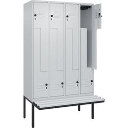 C+P Z-Spind Classic PLUS Sitzbank, 4 Abteile, lichtgrau, B 1200 mm, Sicherheits-Drehriegel, auskragend, Kunststoff