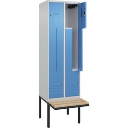 C+P Z-Spind Classic PLUS Sitzbank, 2 Abteile, lichtgrau / lichtblau, B 600 mm, Zylinderschloss, auskragend, Buche-Hartholz