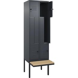 C+P Z-Spind Classic PLUS Sitzbank, 2 Abteile, grau, B 600 mm, Sicherheits-Drehriegel, auskragend, Buche-Hartholz