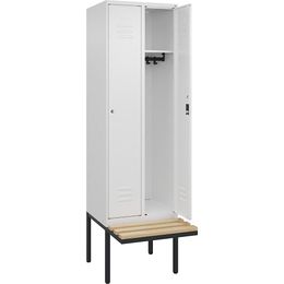 C+P Spind Classic PLUS Sitzbank, 2 Abteile, verkehrsweiß, B 600 mm, Zylinderschloss, auskragend, Buche-Hartholz