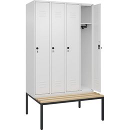 C+P Spind Classic PLUS Sitzbank, 4 Abteile, verkehrsweiß, B 1200 mm, Sicherheits-Drehriegel, untergebaut, Buche-Hartholz