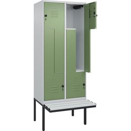 C+P Z-Spind Classic PLUS Sitzbank, 2 Abteile, lichtgrau / resedagrün, B 800 mm, Sicherheits-Drehriegel, auskragend, Kunststoff