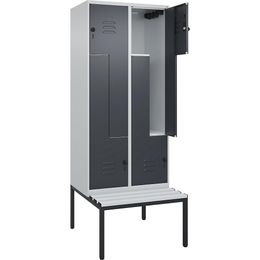 C+P Z-Spind Classic PLUS Sitzbank, 2 Abteile, lichtgrau / grau, B 800 mm, Sicherheits-Drehriegel, untergebaut, Kunststoff