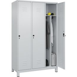 C+P Schwarz-Weiß-Spind Classic PLUS, schmal, 3 Abteile, Trennwand verkürzt, lichtgrau, B 1200 mm, mit Füßen, Drehriegel, Trennwand mittig