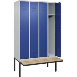 C+P Spind Classic PLUS Sitzbank, 4 Abteile, lichtgrau / enzianblau, B 1200 mm, Zylinderschloss, auskragend, Buche-Hartholz