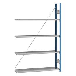 eurokraft pro Fachboden-Steckregal, blau / verzinkt, Regalhöhe 2000 mm, Fachbodenbreite 1215 mm, Anbauregal, Fachbodentiefe 350 mm