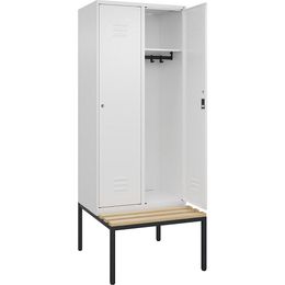 C+P Spind Classic PLUS Sitzbank, 2 Abteile, verkehrsweiß, B 800 mm, Zylinderschloss, untergebaut, Buche-Hartholz