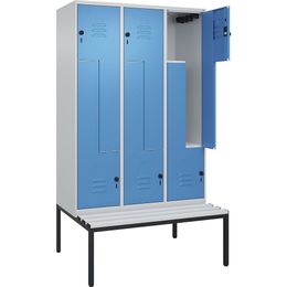 C+P Z-Spind Classic PLUS Sitzbank, 3 Abteile, lichtgrau / lichtblau, B 1200 mm, Sicherheits-Drehriegel, untergebaut, Kunststoff