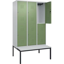 C+P Doppelstock-Spind Classic PLUS Sitzbank, 3 Abteile, lichtgrau / resedagrün, B 1200 mm, Zylinderschloss, untergebaut, Kunststoff