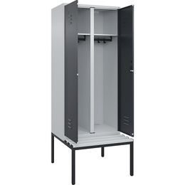 C+P Schwarz-Weiß-Spind Classic PLUS Sitzbank, 1 Abteil, lichtgrau / grau, B 800 mm, Zylinderschloss, untergebaut, Kunststoff