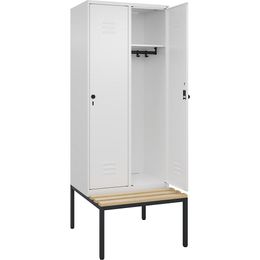 C+P Spind Classic PLUS Sitzbank, 2 Abteile, verkehrsweiß, B 800 mm, Sicherheits-Drehriegel, untergebaut, Buche-Hartholz