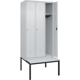 C+P Spind Classic PLUS Sitzbank, 3 Abteile, lichtgrau, B 900 mm, Zylinderschloss, untergebaut, Kunststoff