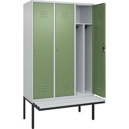 C+P Schwarz-Weiß-Spind Classic PLUS Sitzbank, schmal, 3 Abteile, Trennwand verkürzt, lichtgrau / resedagrün, B 1200 mm, Zylinderschloss, auskragend, Kunststoff