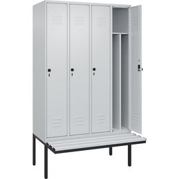 C+P Schwarz-Weiß-Spind Classic PLUS Sitzbank, schmal, 4 Abteile, Trennwand verkürzt, lichtgrau, B 1200 mm, Sicherheits-Drehriegel, auskragend, Kunststoff