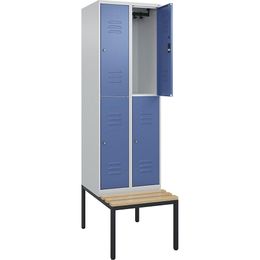C+P Doppelstock-Spind Classic PLUS Sitzbank, 2 Abteile, lichtgrau / fernblau, B 600 mm, Zylinderschloss, untergebaut, Buche-Hartholz