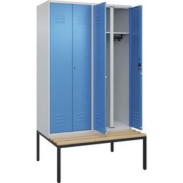 C+P Schwarz-Weiß-Spind Classic PLUS Sitzbank, 2 Abteile, lichtgrau / lichtblau, B 1200 mm, Zylinderschloss, untergebaut, Buche-Hartholz