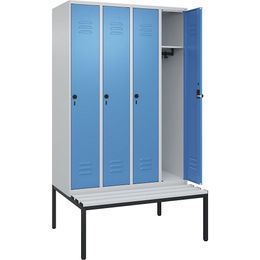 C+P Spind Classic PLUS Sitzbank, 4 Abteile, lichtgrau / lichtblau, B 1200 mm, Sicherheits-Drehriegel, untergebaut, Kunststoff