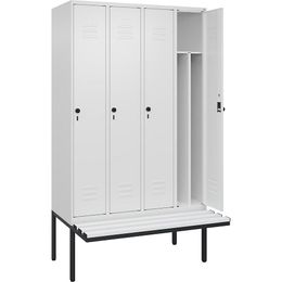 C+P Schwarz-Weiß-Spind Classic PLUS Sitzbank, schmal, 4 Abteile, Trennwand verkürzt, verkehrsweiß, B 1200 mm, Sicherheits-Drehriegel, auskragend, Kunststoff