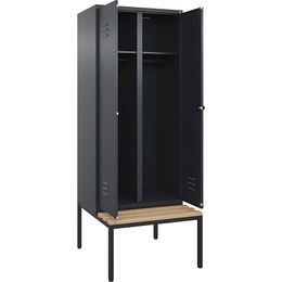 C+P Schwarz-Weiß-Spind Classic PLUS Sitzbank, 1 Abteil, grau, B 800 mm, Sicherheits-Drehriegel, untergebaut, Buche-Hartholz