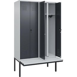 C+P Schwarz-Weiß-Spind Classic PLUS Sitzbank, 2 Abteile, lichtgrau / grau, B 1200 mm, Sicherheits-Drehriegel, auskragend, Kunststoff