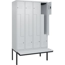 C+P Z-Spind Classic PLUS Sitzbank, 4 Abteile, lichtgrau, B 1200 mm, Zylinderschloss, auskragend, Kunststoff