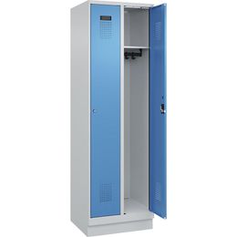 C+P Spind Evolo PLUS, 2 Abteile, lichtgrau / lichtblau, B 600 mm, mit Bodensockel, Zylinderschloss