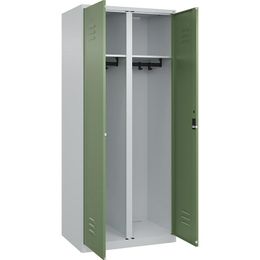 C+P Schwarz-Weiß-Spind Classic PLUS, 1 Abteil, lichtgrau / resedagrün, HxB 1950 x 800 mm, mit Bodengleitern, Zylinderschloss