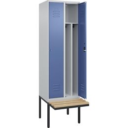 C+P Schwarz-Weiß-Spind Classic PLUS Sitzbank, schmal, 2 Abteile, Trennwand verkürzt, lichtgrau / fernblau, B 600 mm, Zylinderschloss, auskragend, Buche-Hartholz