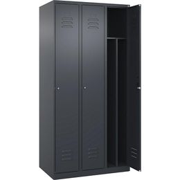 C+P Schwarz-Weiß-Spind Classic PLUS, schmal, 3 Abteile, Trennwand verkürzt, grau, B 900 mm, mit Bodengleitern, Zylinderschloss, Trennwand mittig