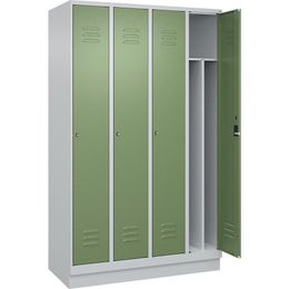 C+P Schwarz-Weiß-Spind Classic PLUS, schmal, 4 Abteile, Trennwand verkürzt, lichtgrau / resedagrün, B 1200 mm, mit Bodensockel, Zylinderschloss, Trennwand mittig