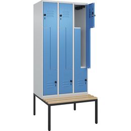 C+P Z-Spind Classic PLUS Sitzbank, 3 Abteile, lichtgrau / lichtblau, B 900 mm, Sicherheits-Drehriegel, untergebaut, Buche-Hartholz