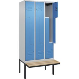 C+P Z-Spind Classic PLUS Sitzbank, 3 Abteile, lichtgrau / lichtblau, B 900 mm, Zylinderschloss, auskragend, Buche-Hartholz